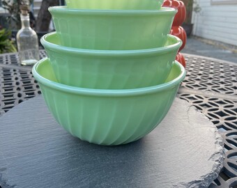 Jadeite Fire King Swirl Mixing Bowl Set - Vintage Jadeite Swirl Mixing Bowls - Green Milk Glass ...