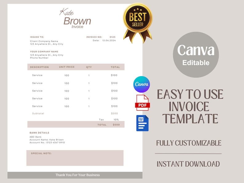 Minimalist Canva Editable Invoice Template | Small Business Custom ...