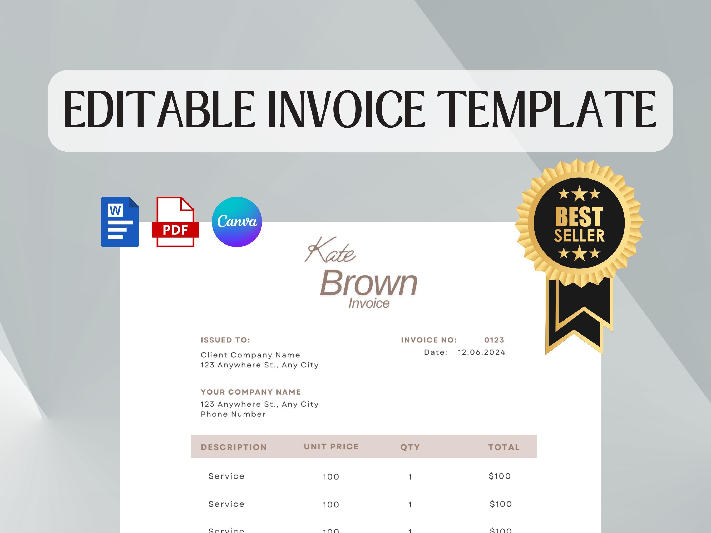 Editable Invoice Template. Printable Invoice Word. Custom Invoice Form ...