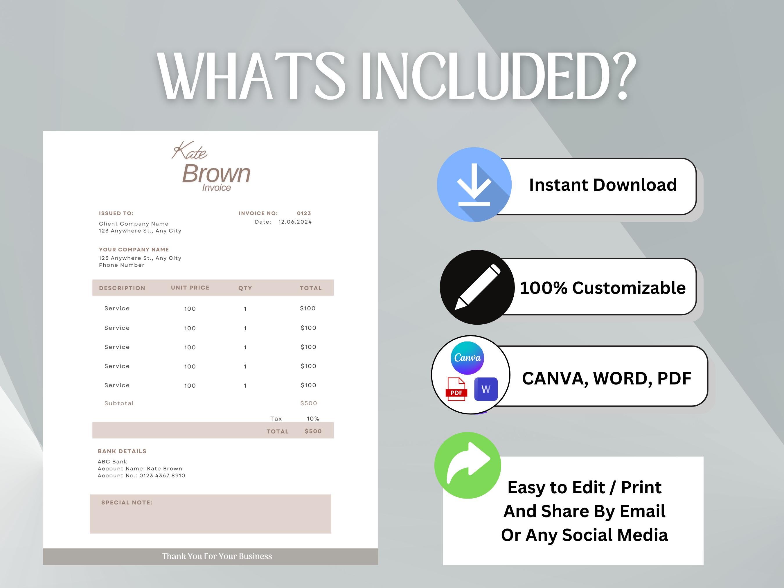 Editable Invoice Template. Printable Invoice Word. Custom Invoice Form ...