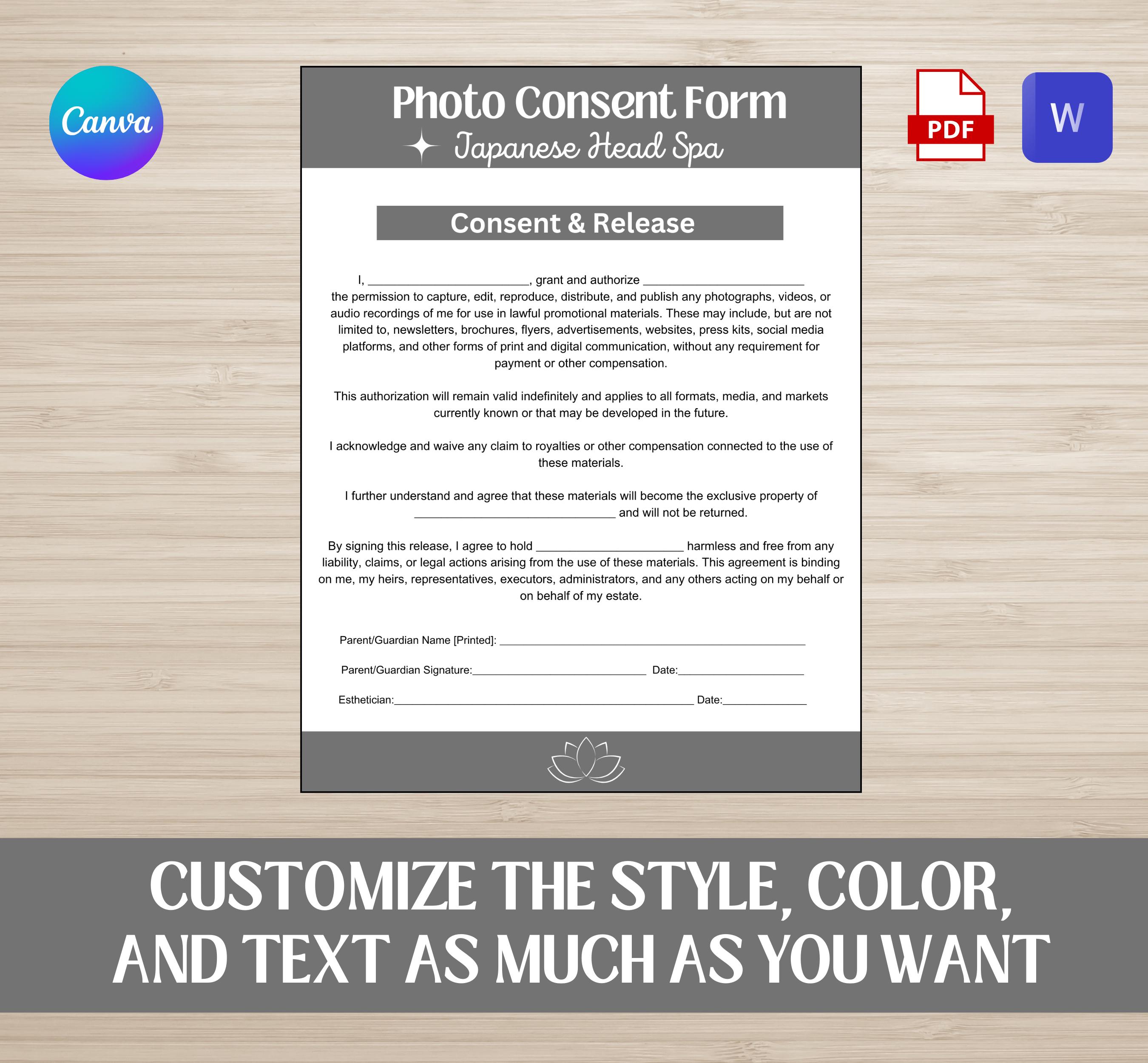 Japanese Head Spa Photo Consent Form | Editable Canva, Word, PDF ...