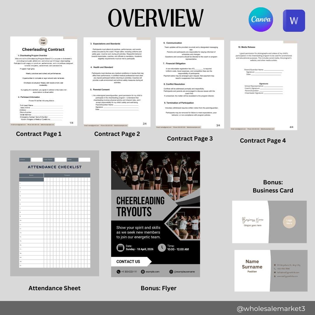 Cheerleading Contract Template: Editable Forms (canva & Word) - Etsy