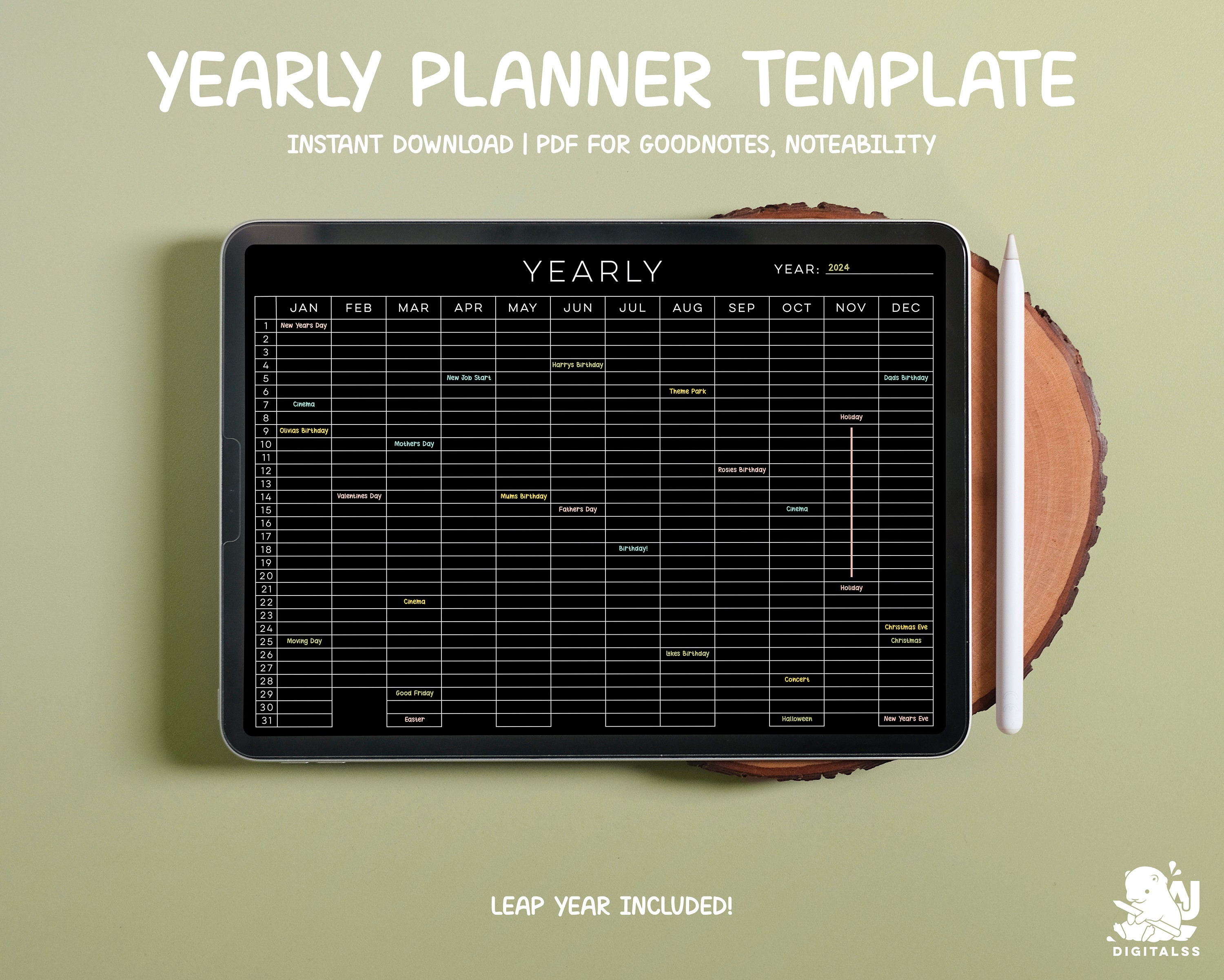 Yearly Digital Planner | Goodnotes Template | Undated Yearly Planner ...