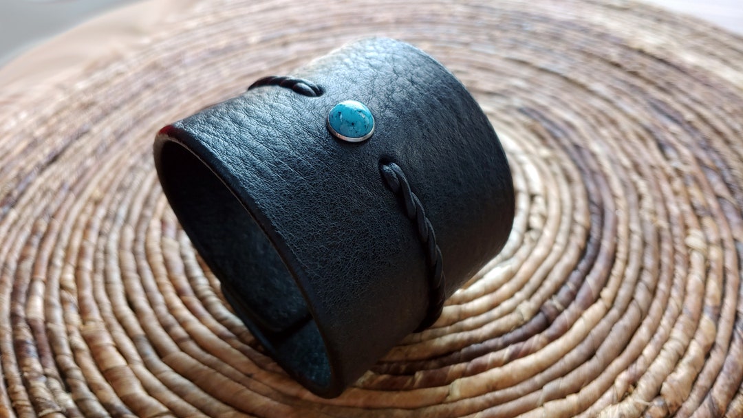 EXTRA WIDE Twist Braid Wrist Band, Braided Leather Cuff Bracelet, Turquoise Stone Rivet Cuff ...