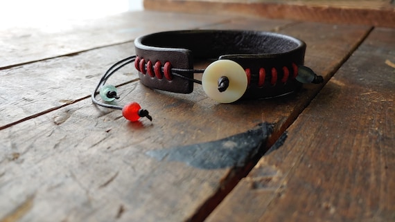 Cliff Booth Retro Leather Bracelet Once Upon a Time in Hollywood Brad Pitt Replica Cuff Brown w Red Leather African Beads Etsy