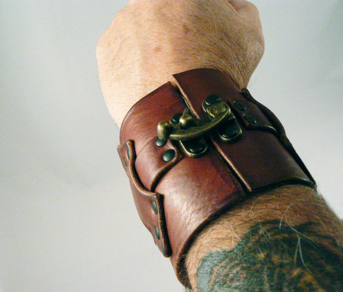 Hook & Latch Leather Cuff Tobacco Black Brown Leather Brass - Etsy