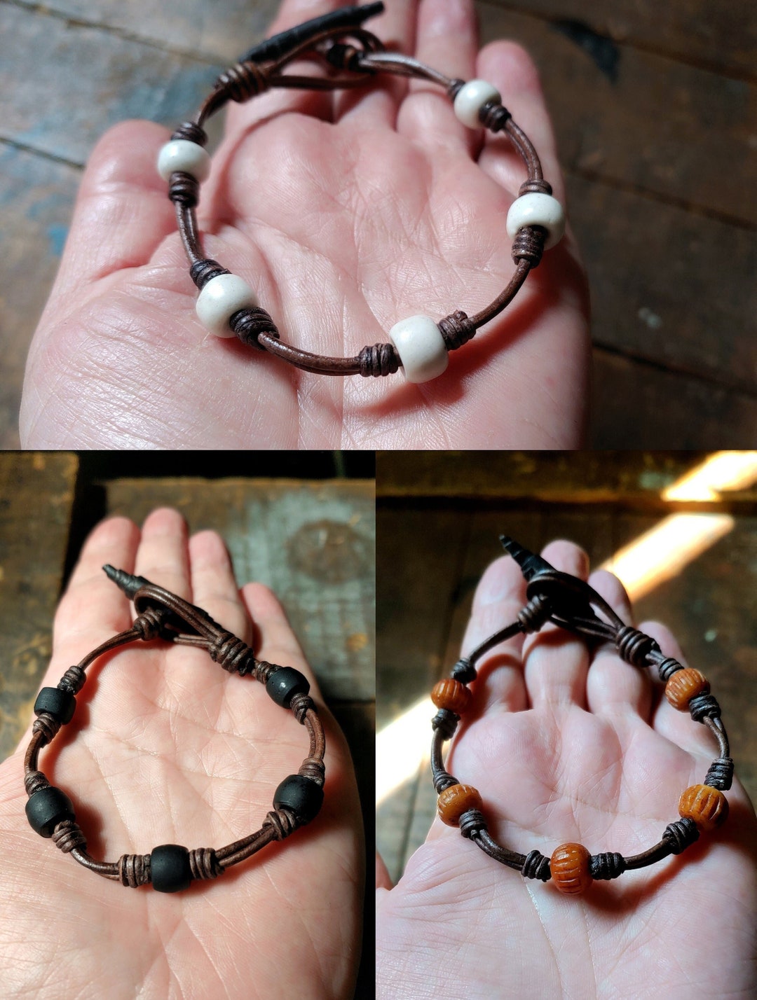 African Trade Beads Leather Cord Knot Bracelet W/ Bison BUTTON & Loop ...