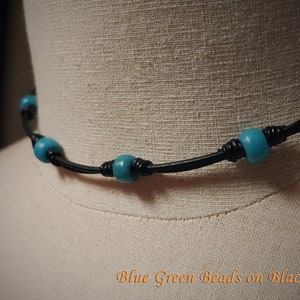 Leather Choker Necklace, Men's Women's African Trade Bead Choker, Black ...