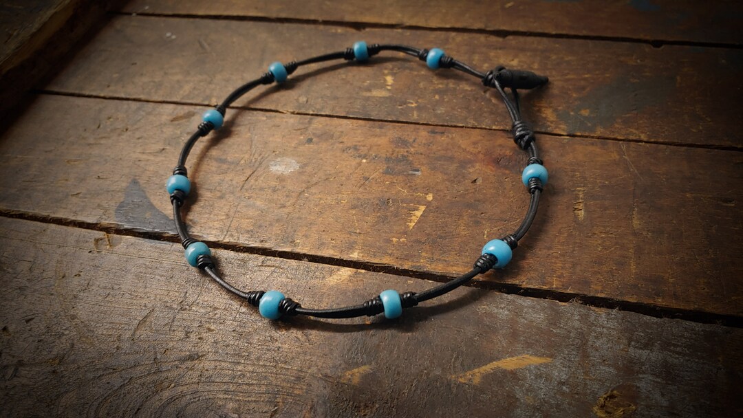 Leather Choker Necklace, Men's Women's African Trade Bead Choker, Black ...