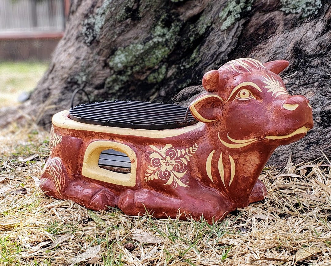 Handmade Terracotta Bull Shaped Brazier With Floral Design - 21 Inch ...