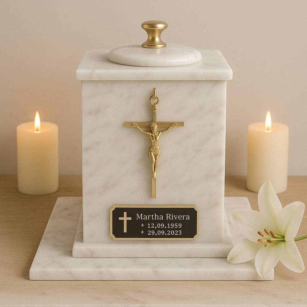 White Onyx Cremation Urn With Cross – Handmade Marble Funeral Urn for ...