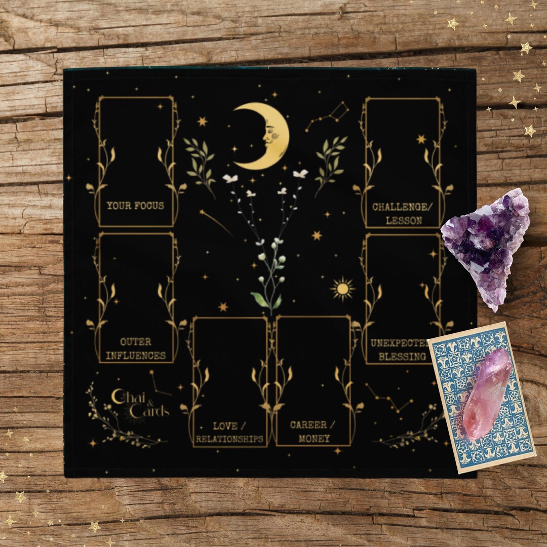Black & Gold Tarot Spread Cloth Mystical Tarot Reading Mat Moon Stars ...