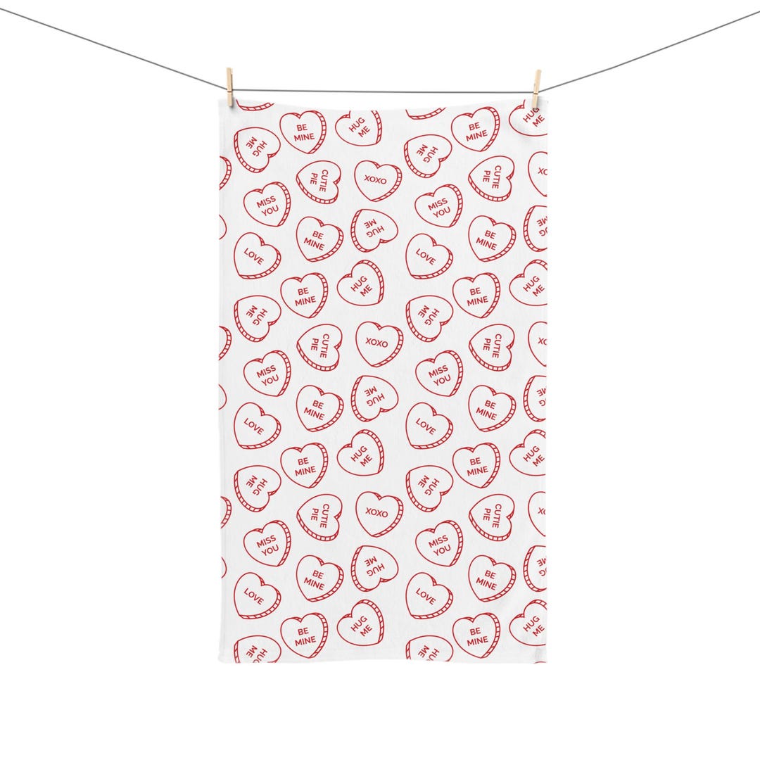 Conversation Heart Pattern White Hand Towel | Pink Valentine Hearts ...