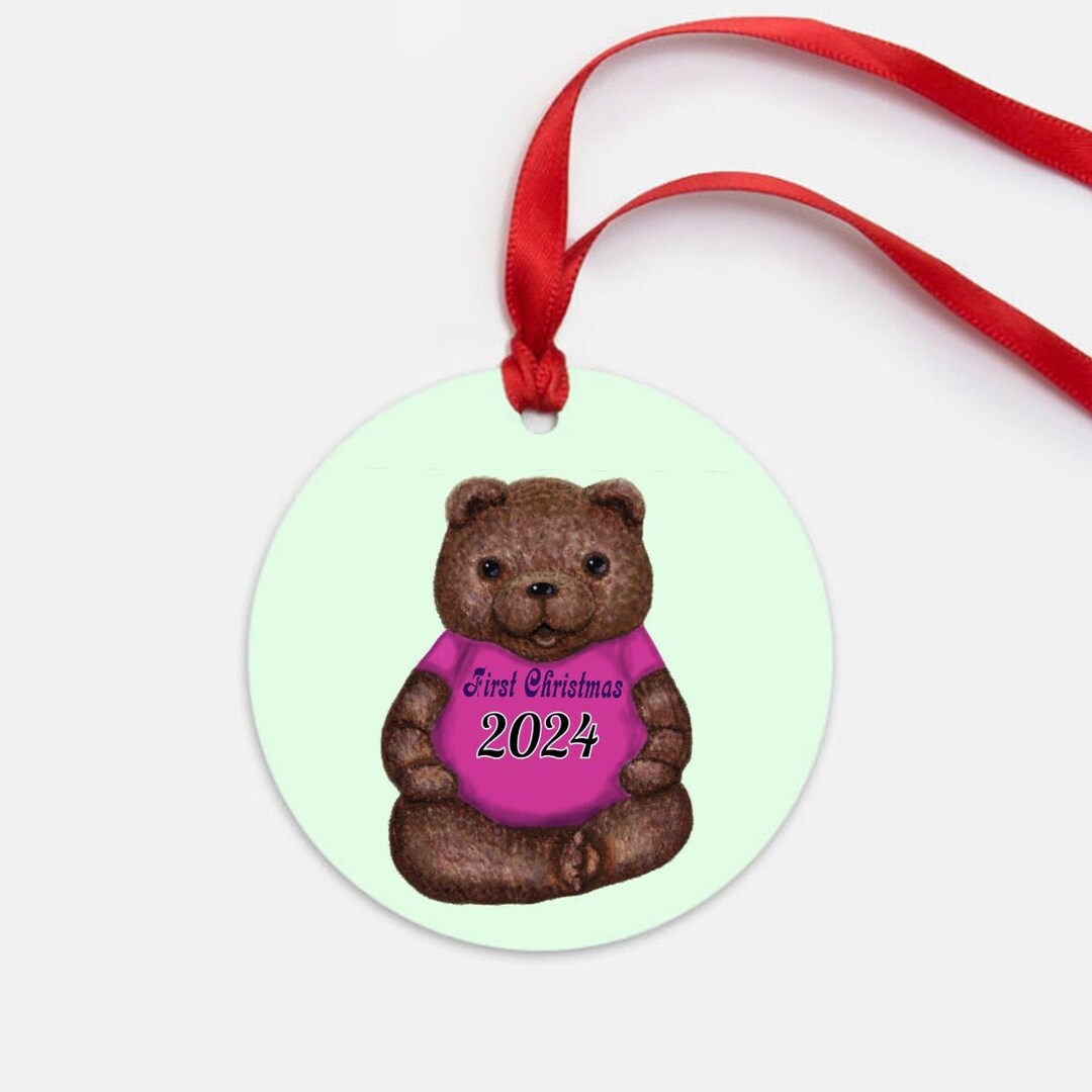 1st Christmas, Brown Teddy Bear, Pink, Ornament, Flat Round, Digital ...