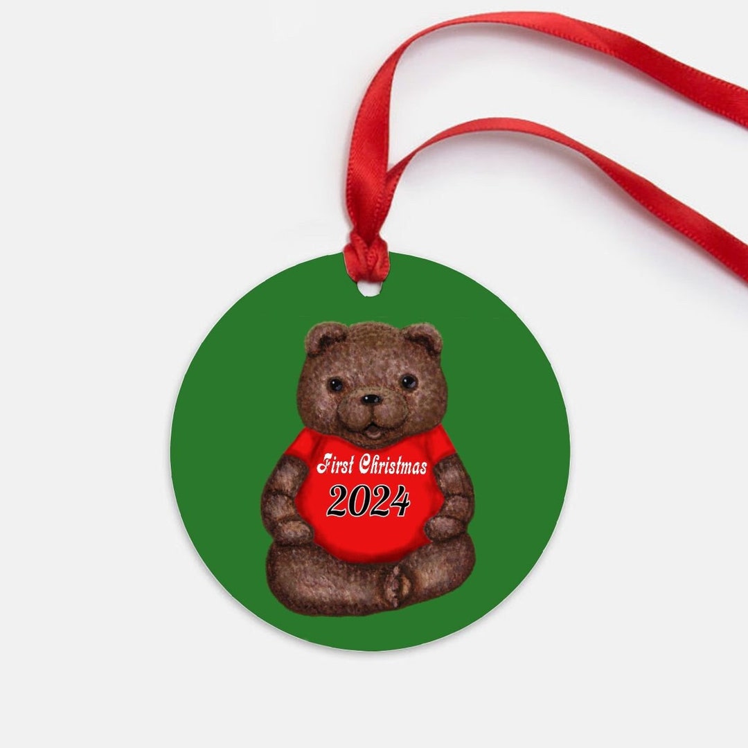 1st Christmas, Brown Teddy Bear, Red, Ornament, Flat Round, Digital ...
