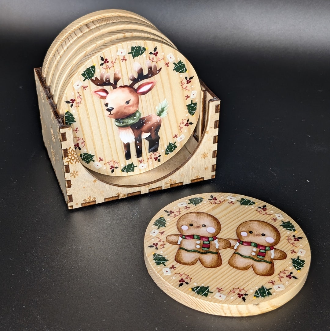 Festive Christmas Holiday Coaster Set With Stand 6 Hardwood Coasters ...
