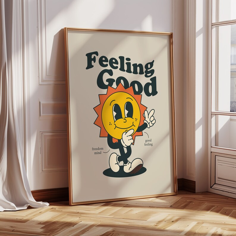 Sun Retro Character Wall Art, Retro Quote Wall Print, Feeling Good ...