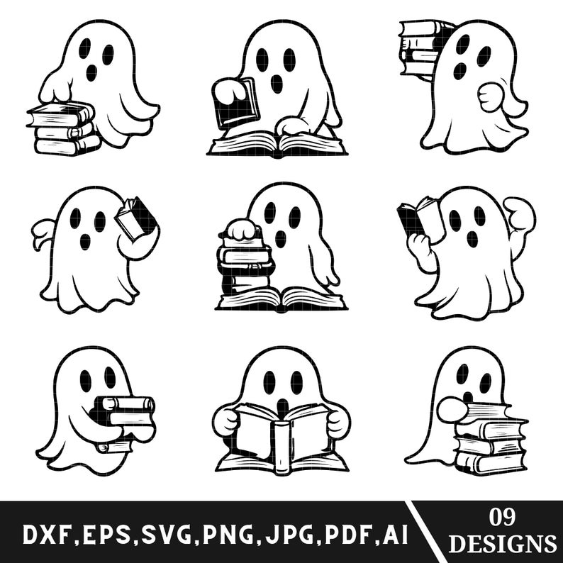 Ghost Reading Book Outline Svg, Bookish Ghost Svg, Ghost Clipart, Cute ...