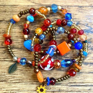 Bracelet Set of 4 Funky Bold Boho Glass Beads and Mixed Metals | Bright ...