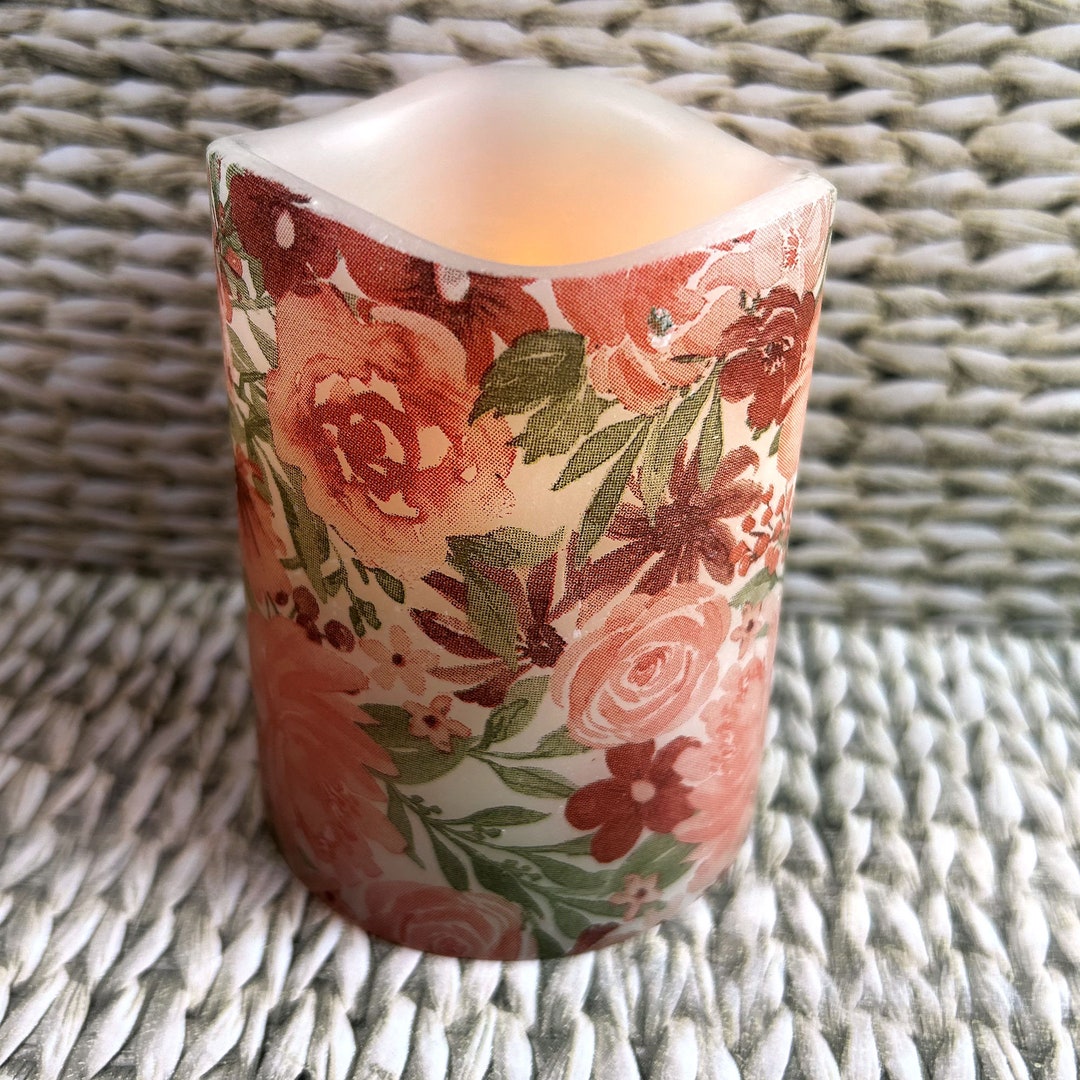 Pink and Mauve Floral Design, Real Wax Flameless Candle, Flower Pattern ...