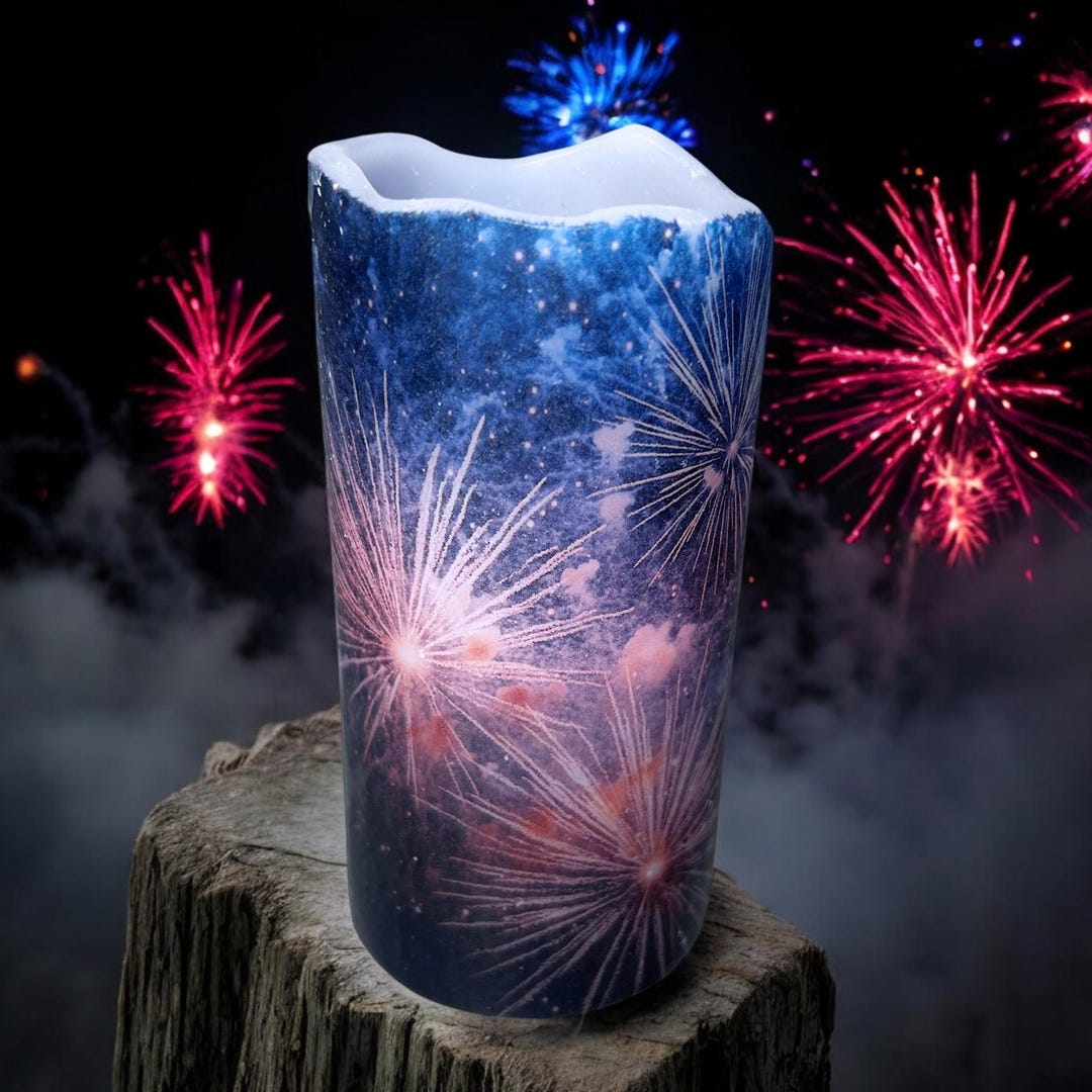 Beautiful Bursts of Fireworks, Real Wax Flameless Candle, Patriotic ...