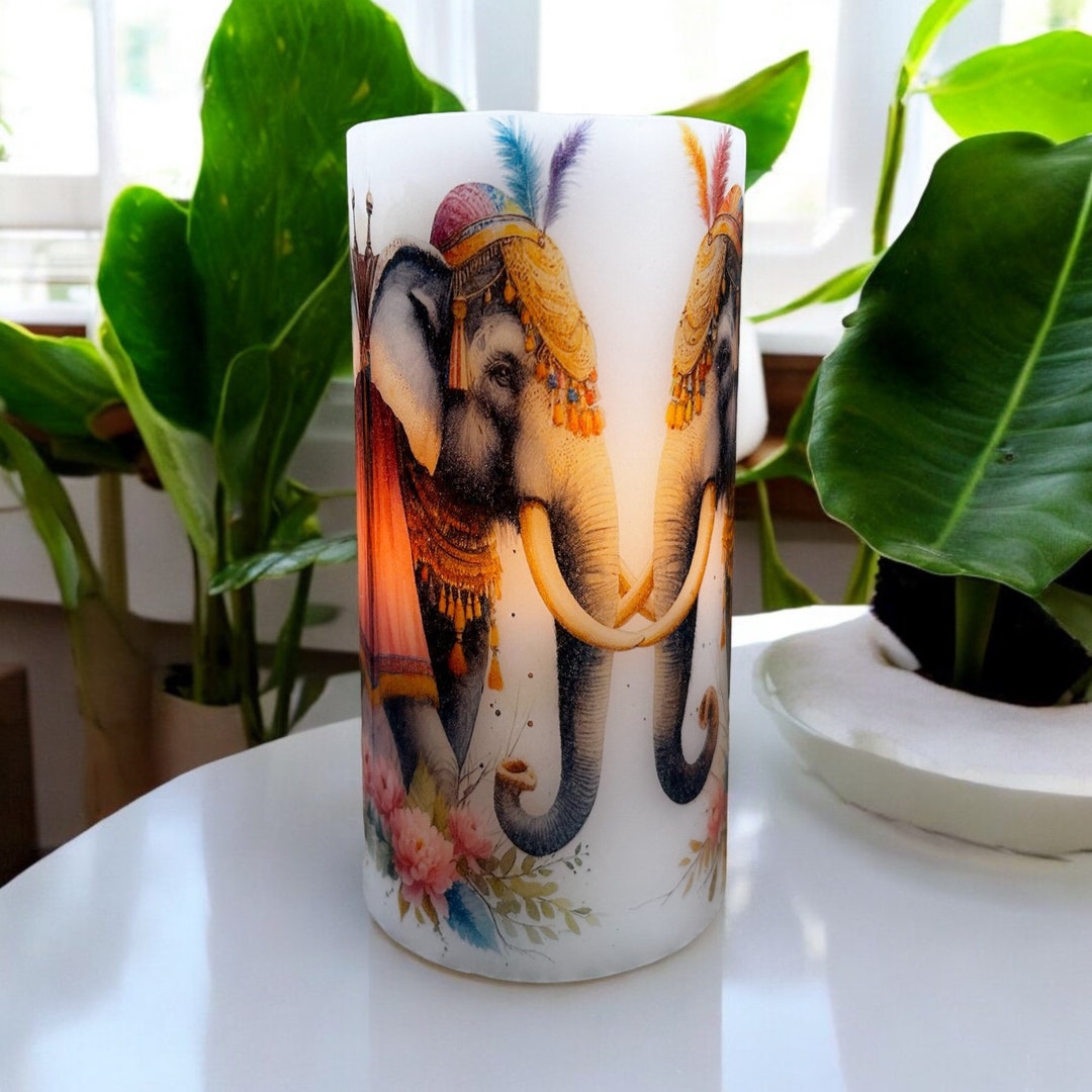 Two Asian Elephants in Beautiful Colors, Real Wax Flameless Candle ...