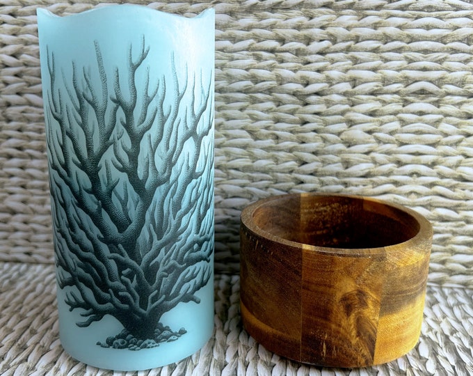 Teal Candle With Black and White Coral Image, Real Wax Flameless Candle ...