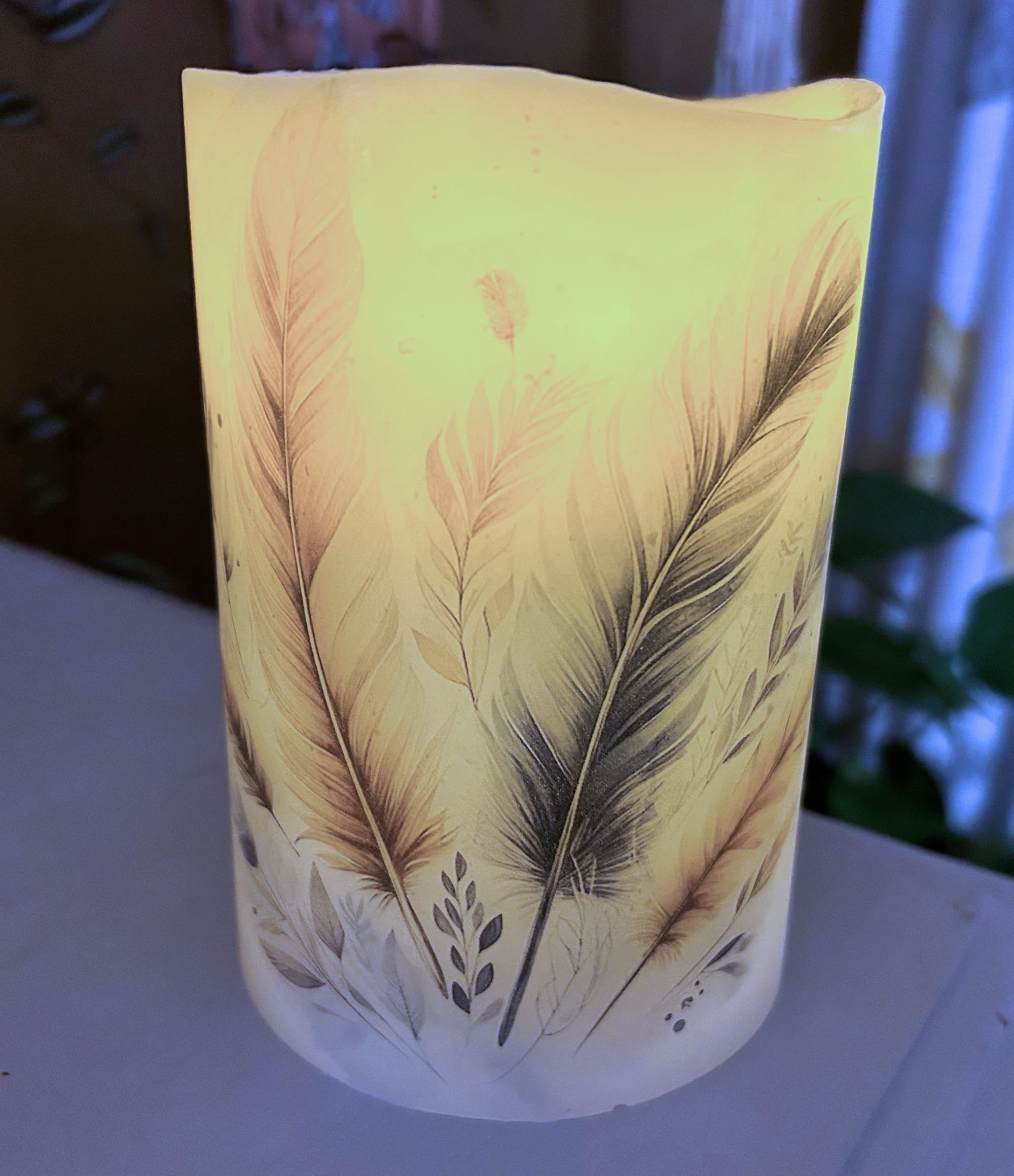 Striking Feather Design on Extra Large Real Wax, Flameless Candle ...