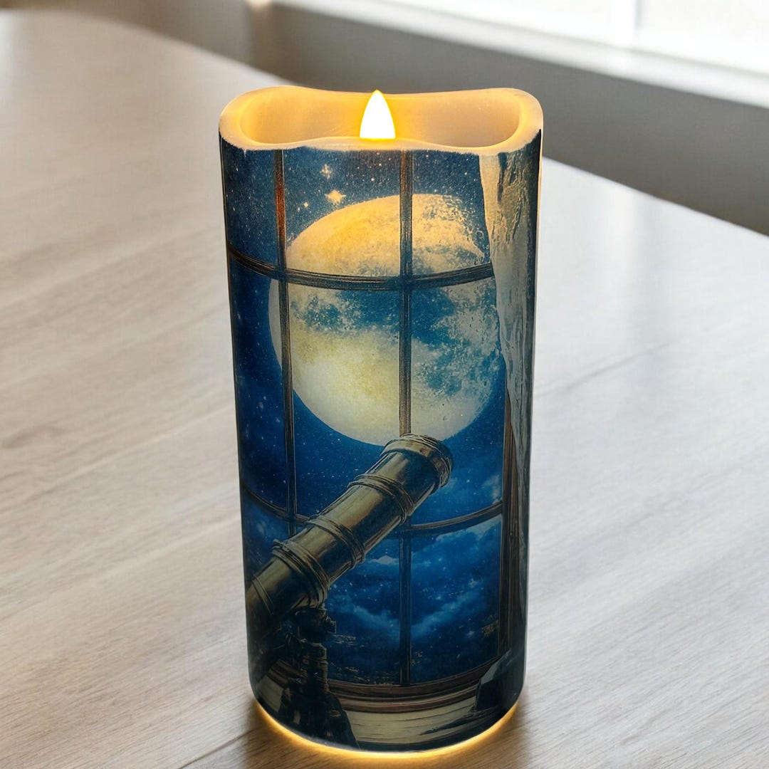 Giant Moon and Telescope, Real Wax Flameless Candle, Antique Spyglass ...