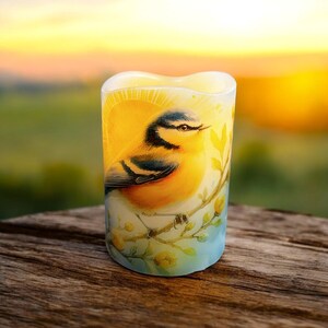 Lovely Bird on Branch, Real Wax Flameless Candle, Bird With Bright Sun ...