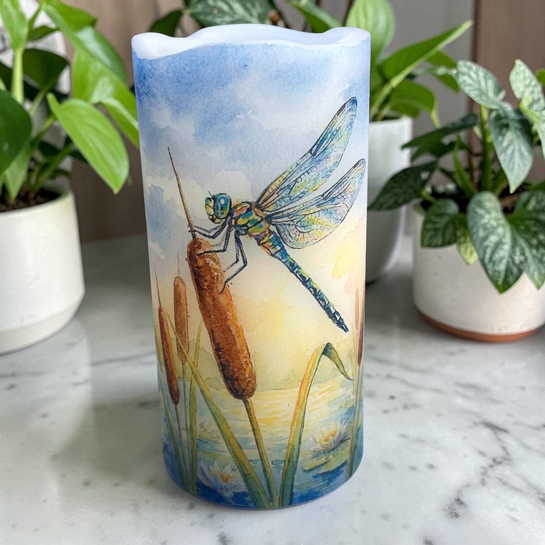 Dragonfly, Real Wax Flameless Candle, Colorful Dragonfly on Cattail ...