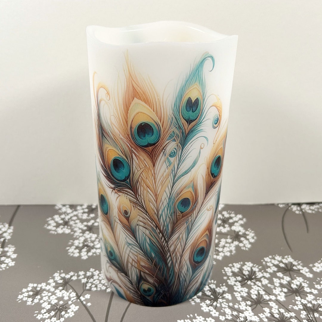 Peacock Feather, Real Wax Flameless Candle, Mega-large Candle With ...