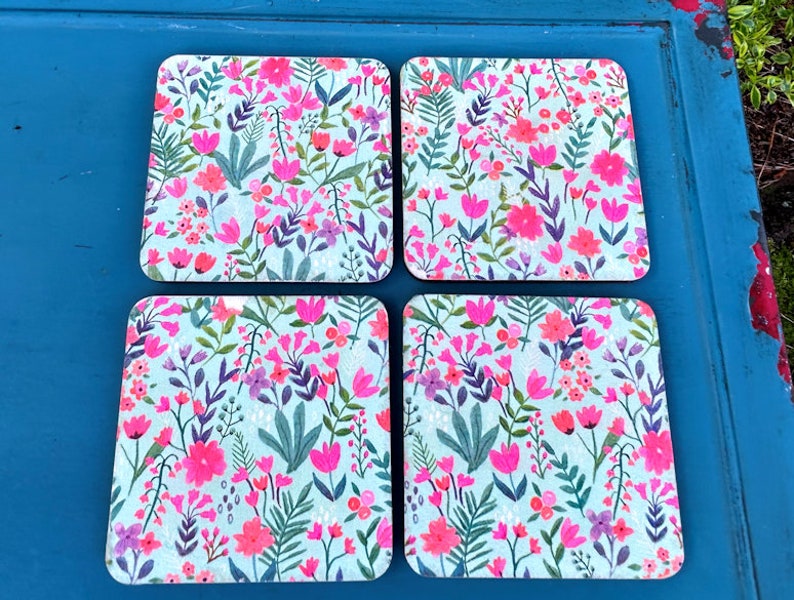 Flower Coasters, Blue and Pink Floral Design Coasters, Set of 4 ...