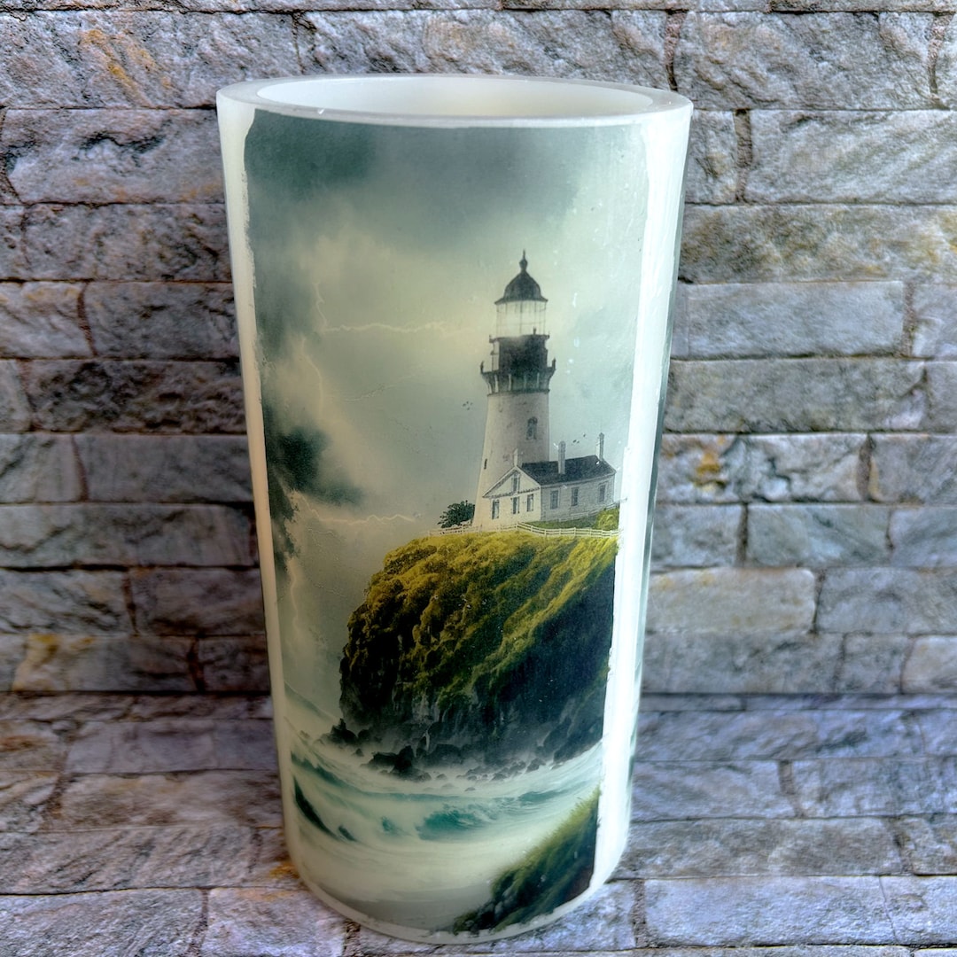 Moody Lighthouse Image on Mega-large Real Wax, Flameless Candle, Image ...