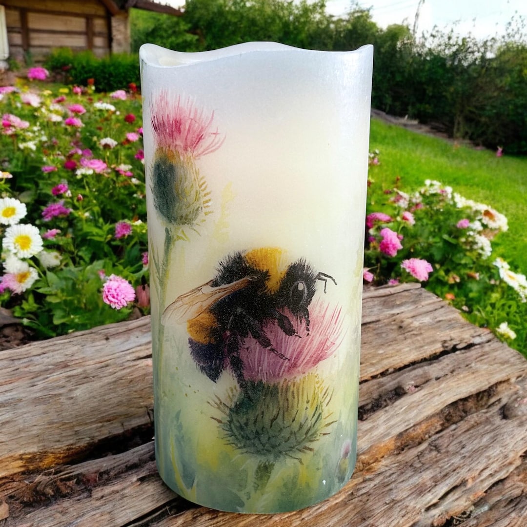 Bumble Bee, Real Wax Flameless Candle, Bumble Bee on Purple Thistle ...