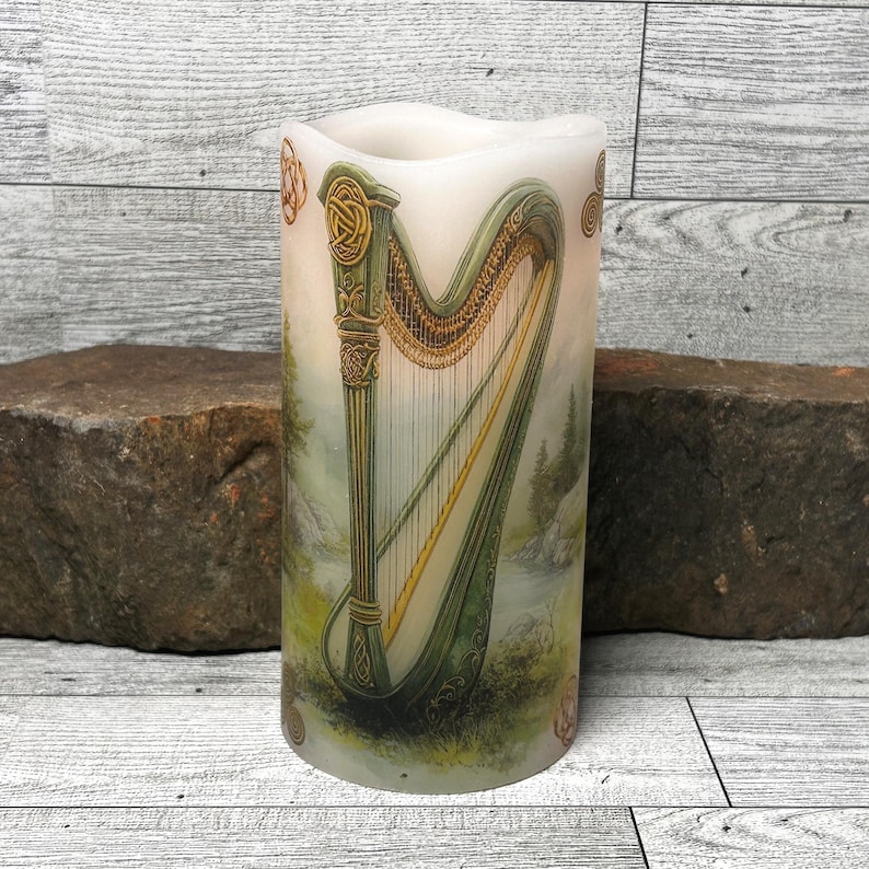 Irish Harp, Real Wax Flameless Candle, Celtic Design, Old Fashioned ...