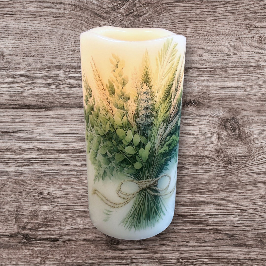 Bouquet of Greenery Tied With Rope on Real Wax Flameless Candle, Pillar ...
