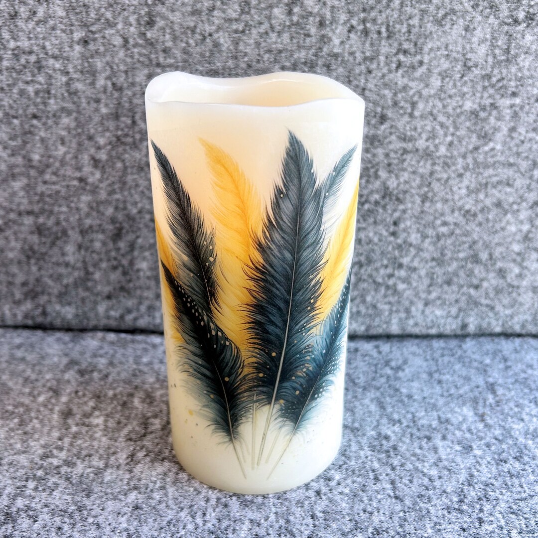 Navy Blue and Gold Feathers, Real Wax Flameless Candle, Repurposed LED ...