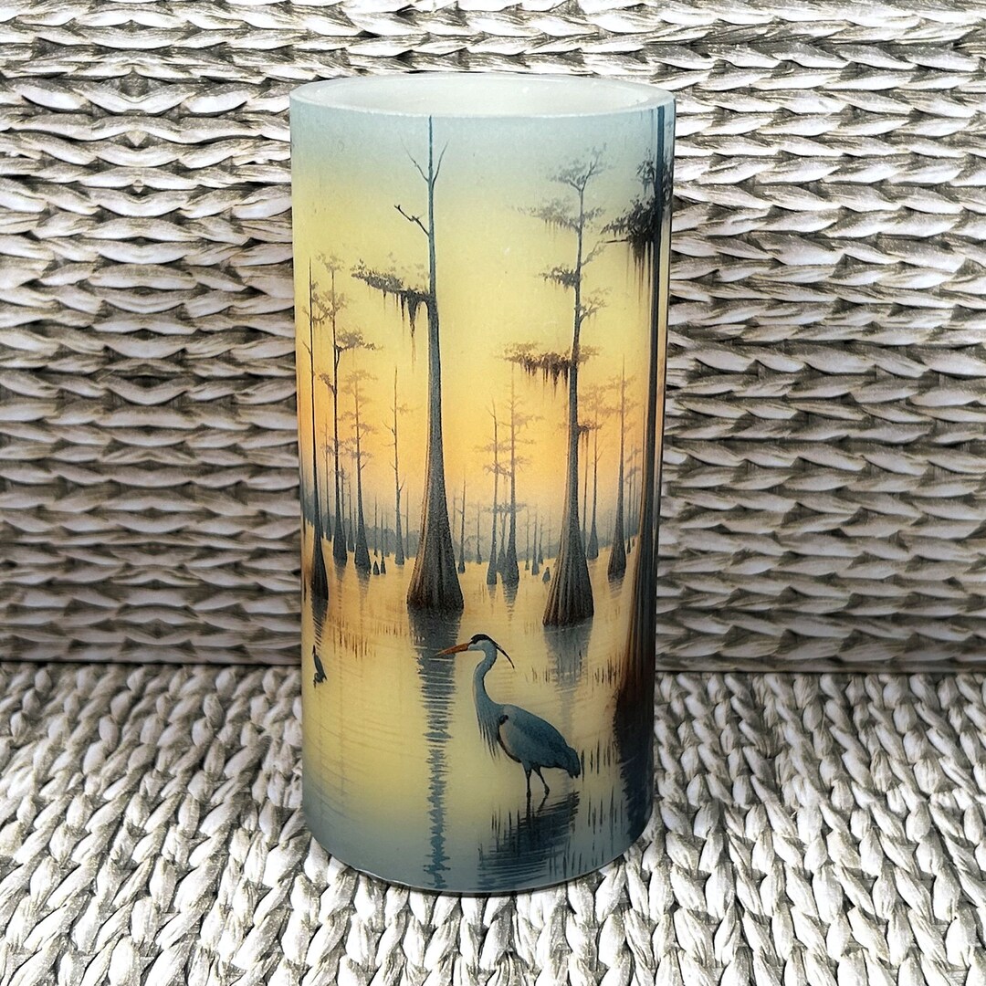 Heron & Cypress Watercolor Image, Real Wax Flameless Candle, Bird in a ...