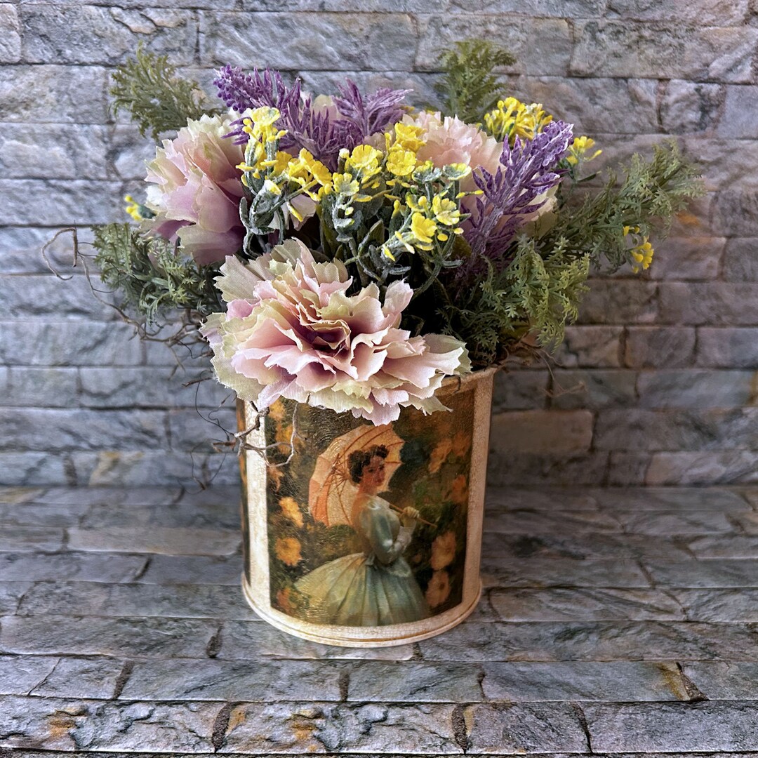 Decoupaged Floral Arrangement: Silk Flowers in Distressed Repurposed ...