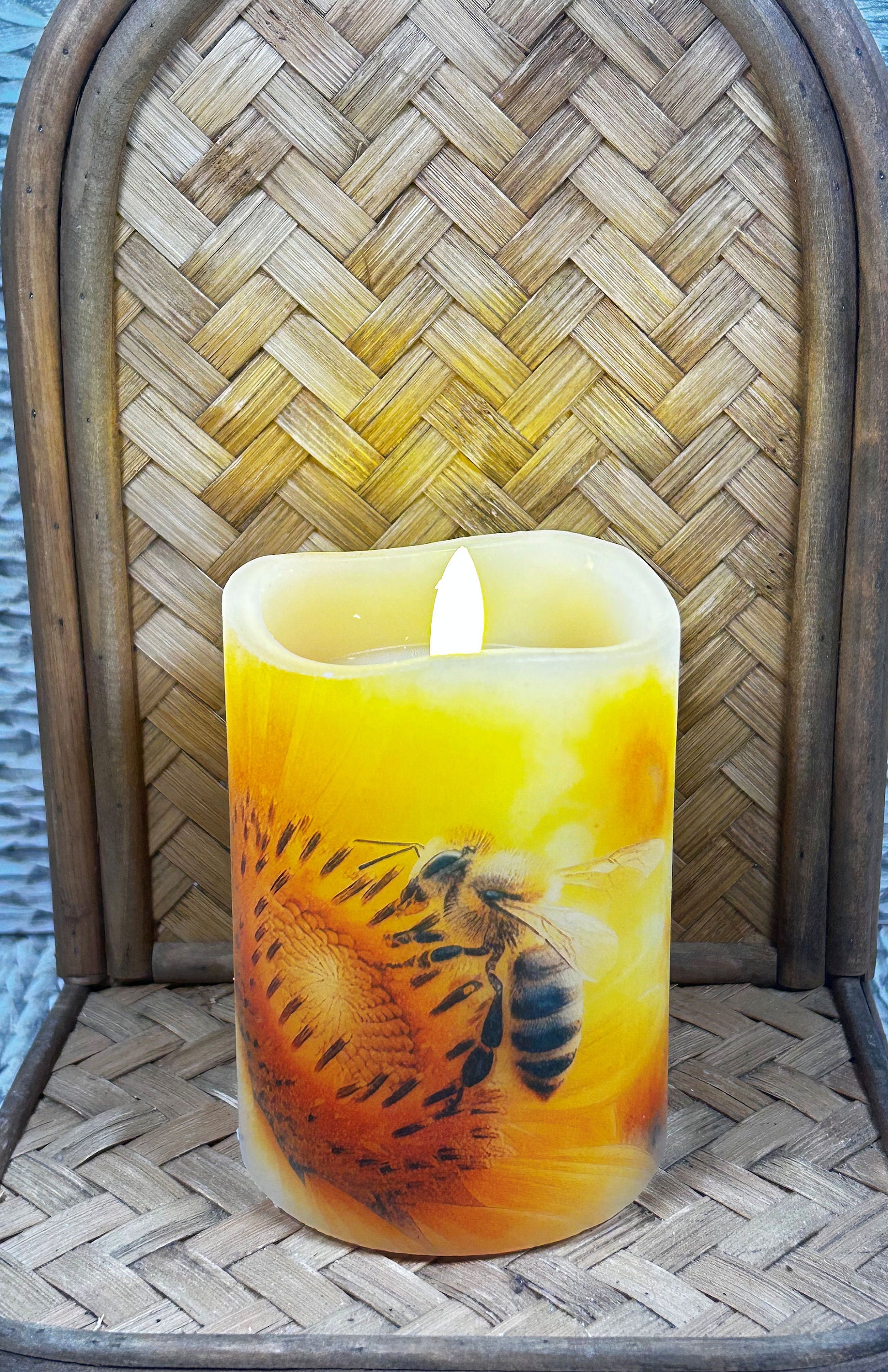 Close up of Bee on Sunflower, Real Wax Flameless Candle, Nature ...