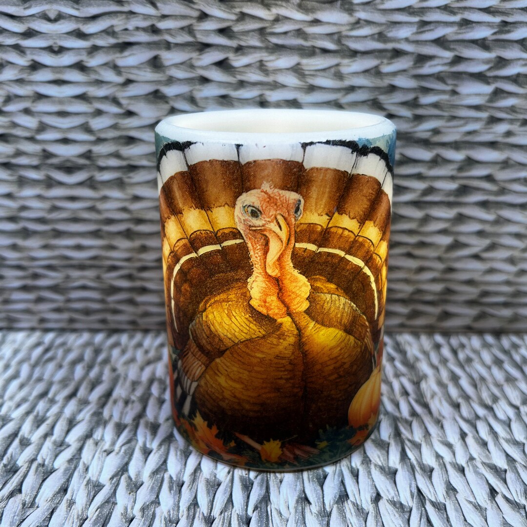 Mr. Turkey Surrounded by Pumpkins and Leaves, Real Wax Flameless Candle ...