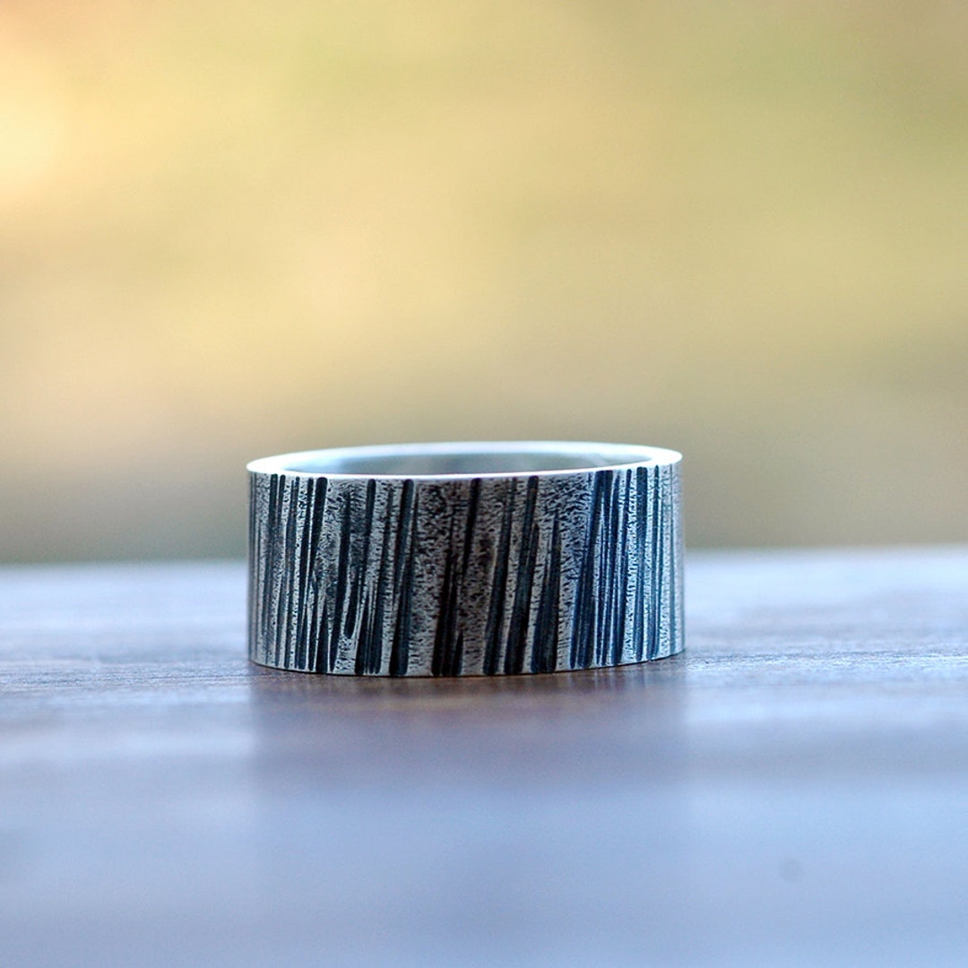 Tree Bark Wide Band Ring • Rustic Style Woodgrain Wedding Band for Him ...