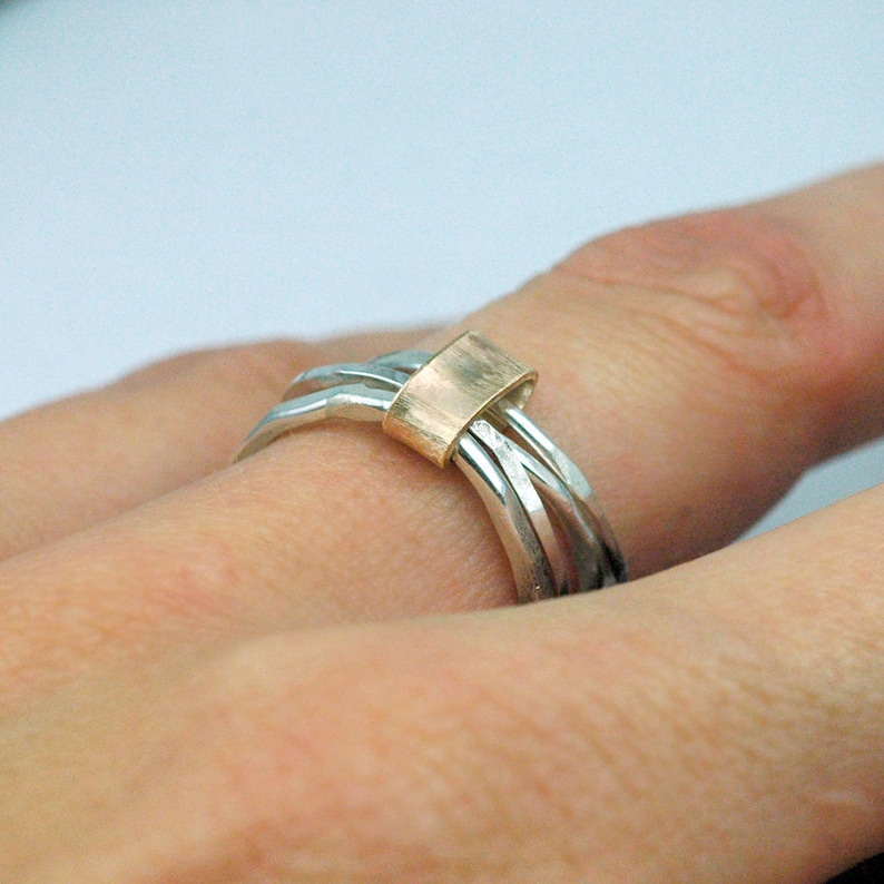 Modern silver ring Mixed metal rings Hammered gold band Silver | Etsy