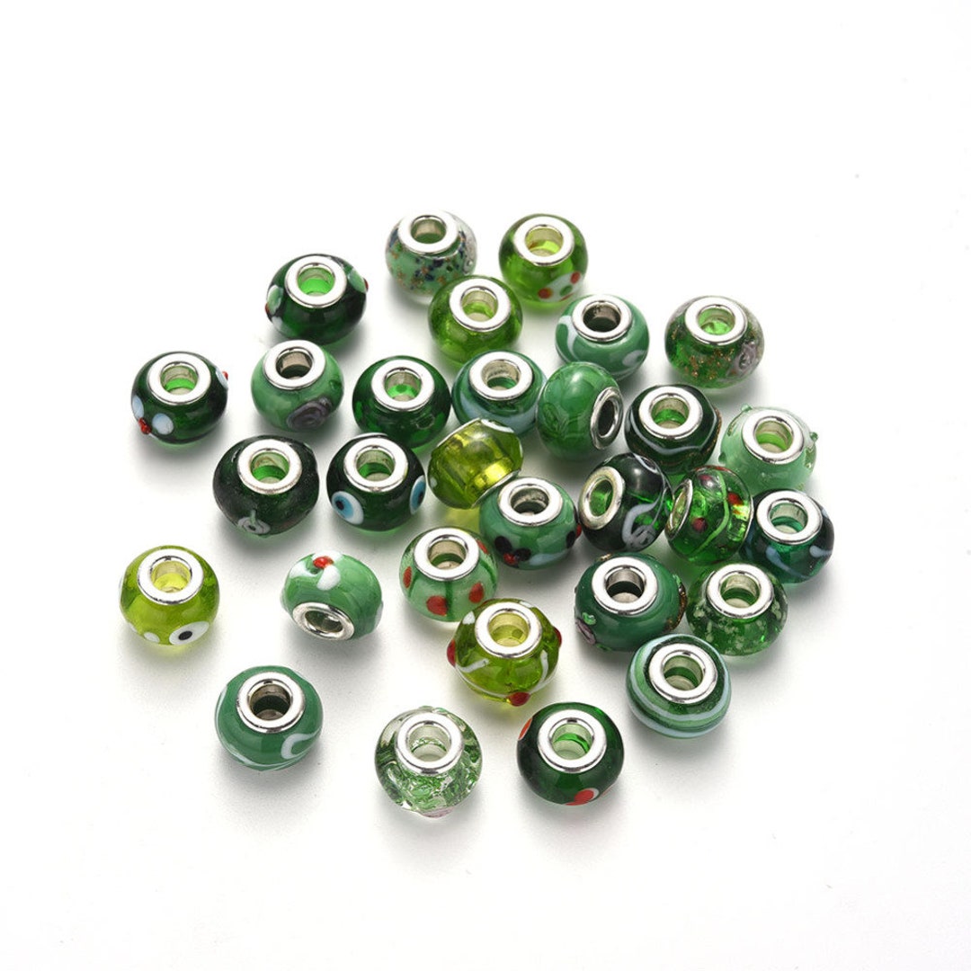 10, 20, or 40 Mixed Green Color Wide Hole / European Glass Beads 14 ...