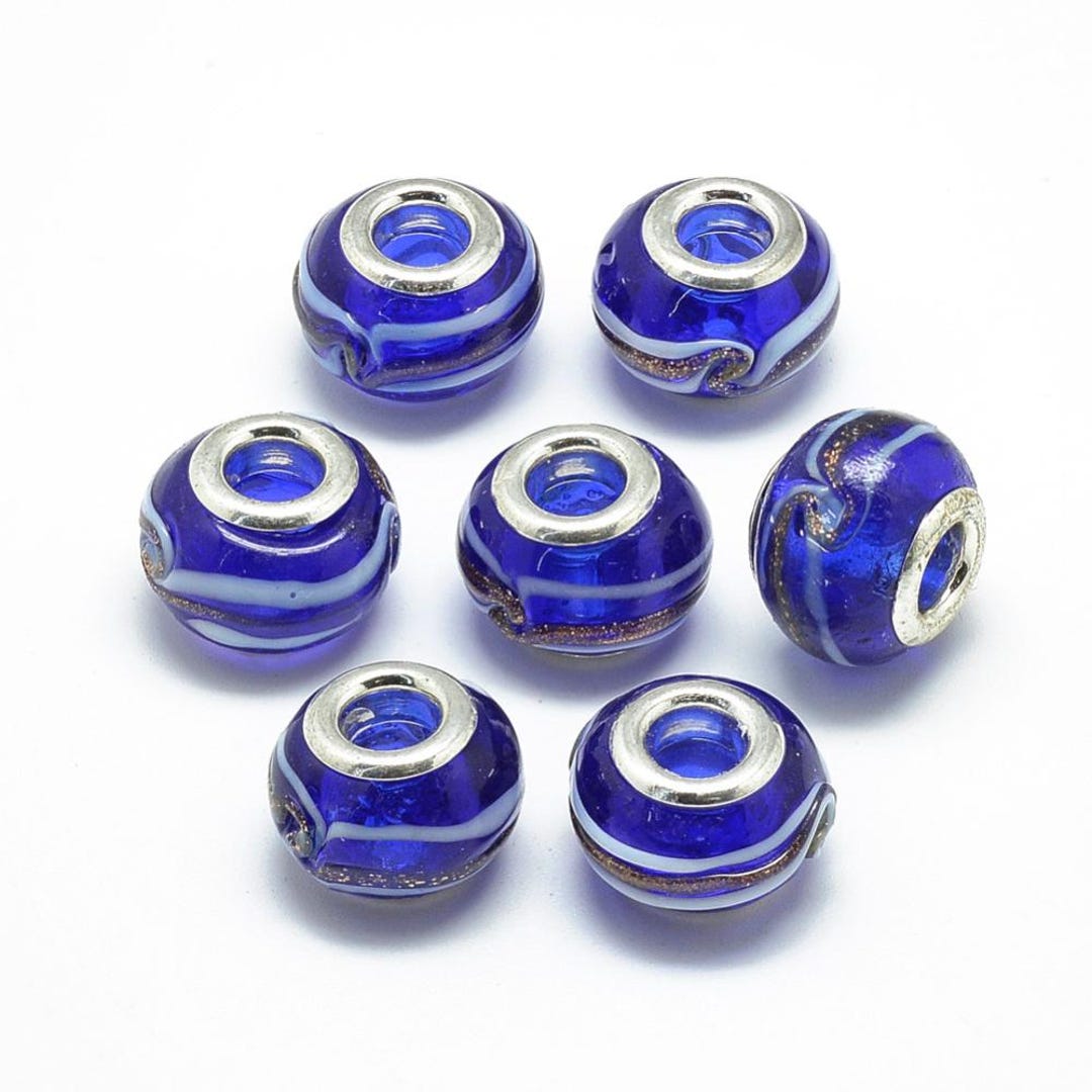 5, 15, or 30 Lampwork Blue Swirl With Glitter European Beads 13~15x10mm ...