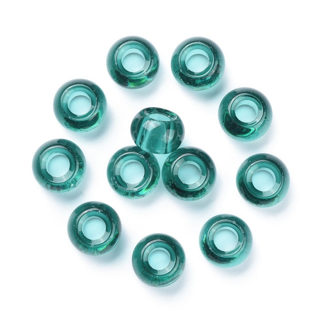 5, 15, or 30 Glass European Beads, Large Hole Beads, Rondelle, Teal ...