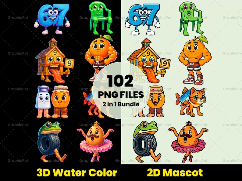 Italian Brainrot PNG Bundles - (2 in 1) - 2D Mascot & 3D Watercolor ...