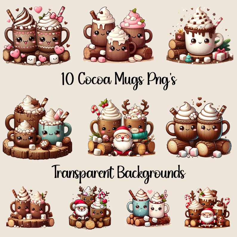 10 Christmas Hot Cocoa Mugs Clipart PNG, Hot Chocolate Clipart Bundle ...
