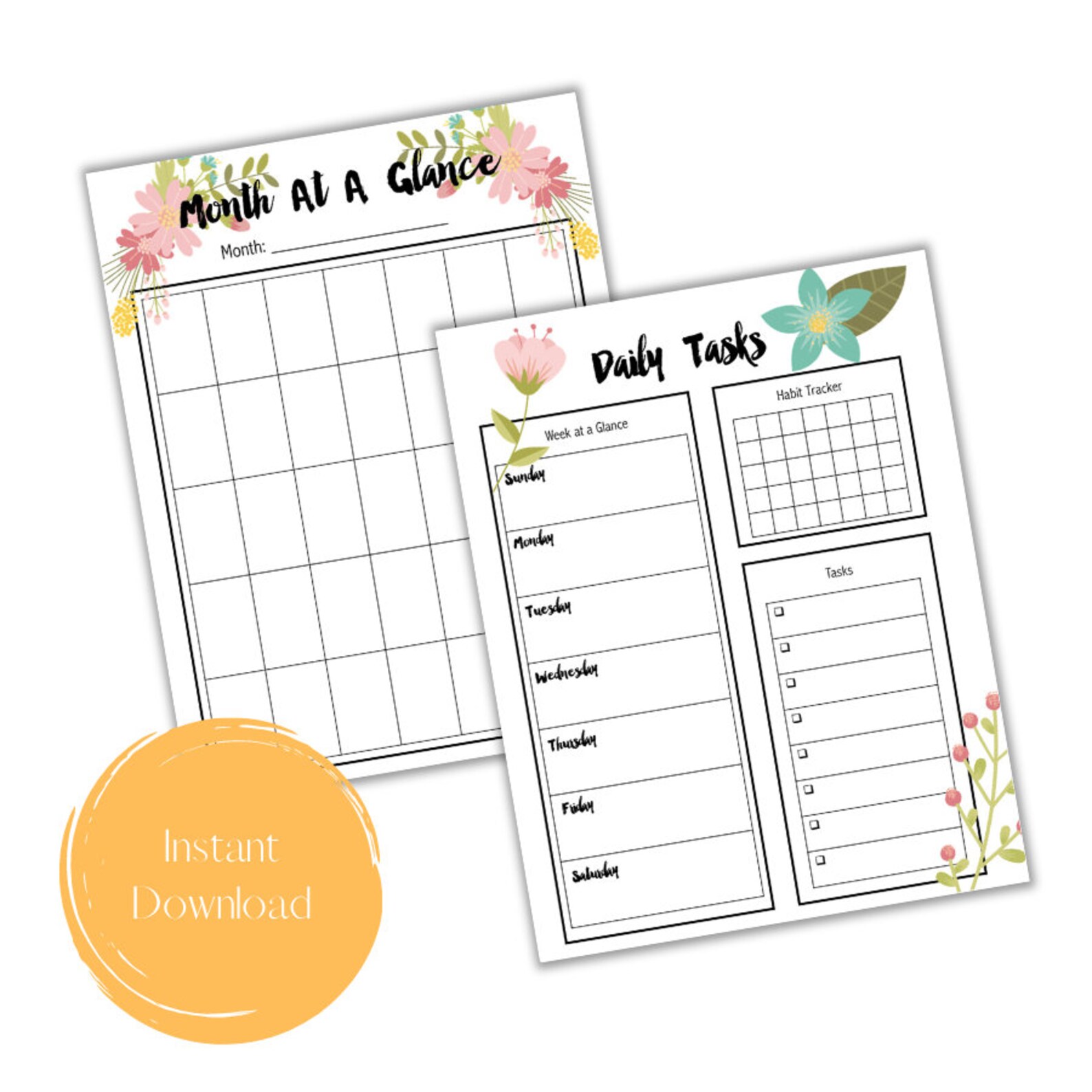 Floral Planner Template, Floral Daily Tasks, Monthly Calendar - Etsy